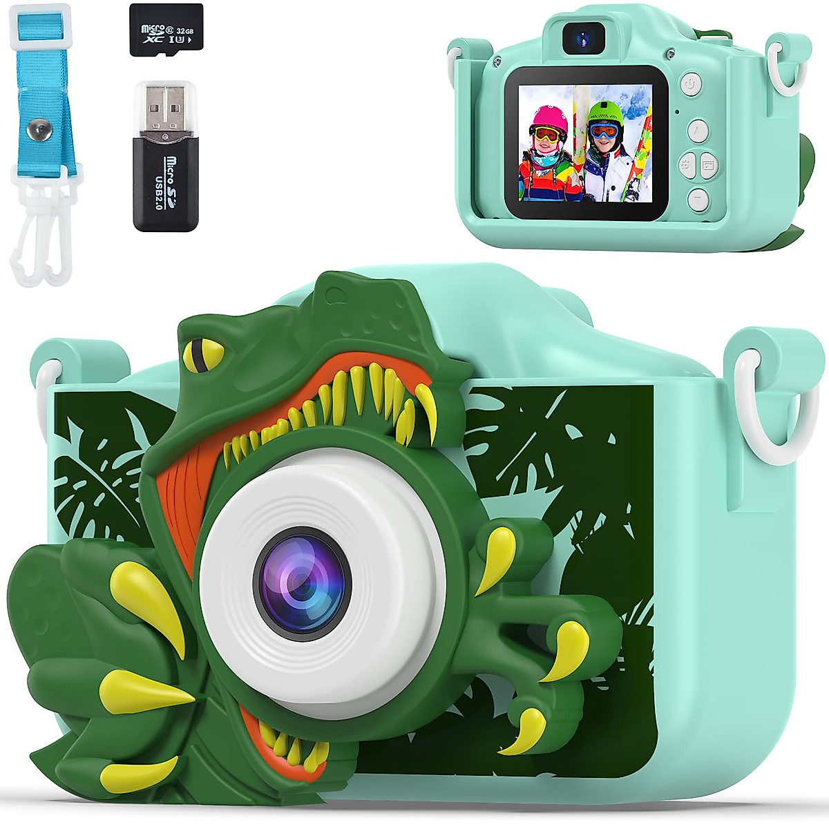 Dinosaur Camera for Kids with Cartoon Silicone Cover, Digital Mini Camera Toys for 3 4 5 6 7 8 9 10 11 12 Year Old Boys Girls Birthday Chirstmas Gifts Ideas - Personal Video Players (T-REX Green)