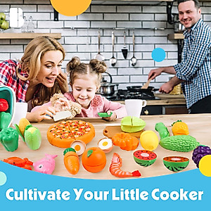 BELLOCHIDDO Kids Play Food - 70PCS Pretend Plastic Fruits & Vegetables & Kitchen Accessories with Basket, Cutting Food Toys for Toddlers - Toy Food Educational Gifts for Girls Boys