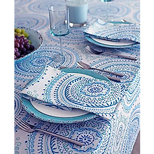 Newbridge Blue Circle Stitch Contemporary Boho Chic Print Indoor/Outdoor Soil Resistant Fabric Tablecloth, 60” X 84” Oval, Blue
