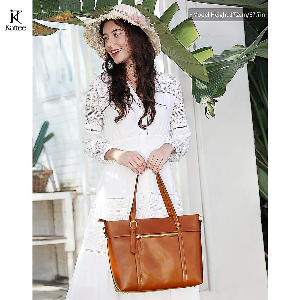 Kattee Genuine Leather Women Tote Bag Soft Handbags Vintage Shoulder Purses Fashion Top Handle Bag Large Capacity (Brown)
