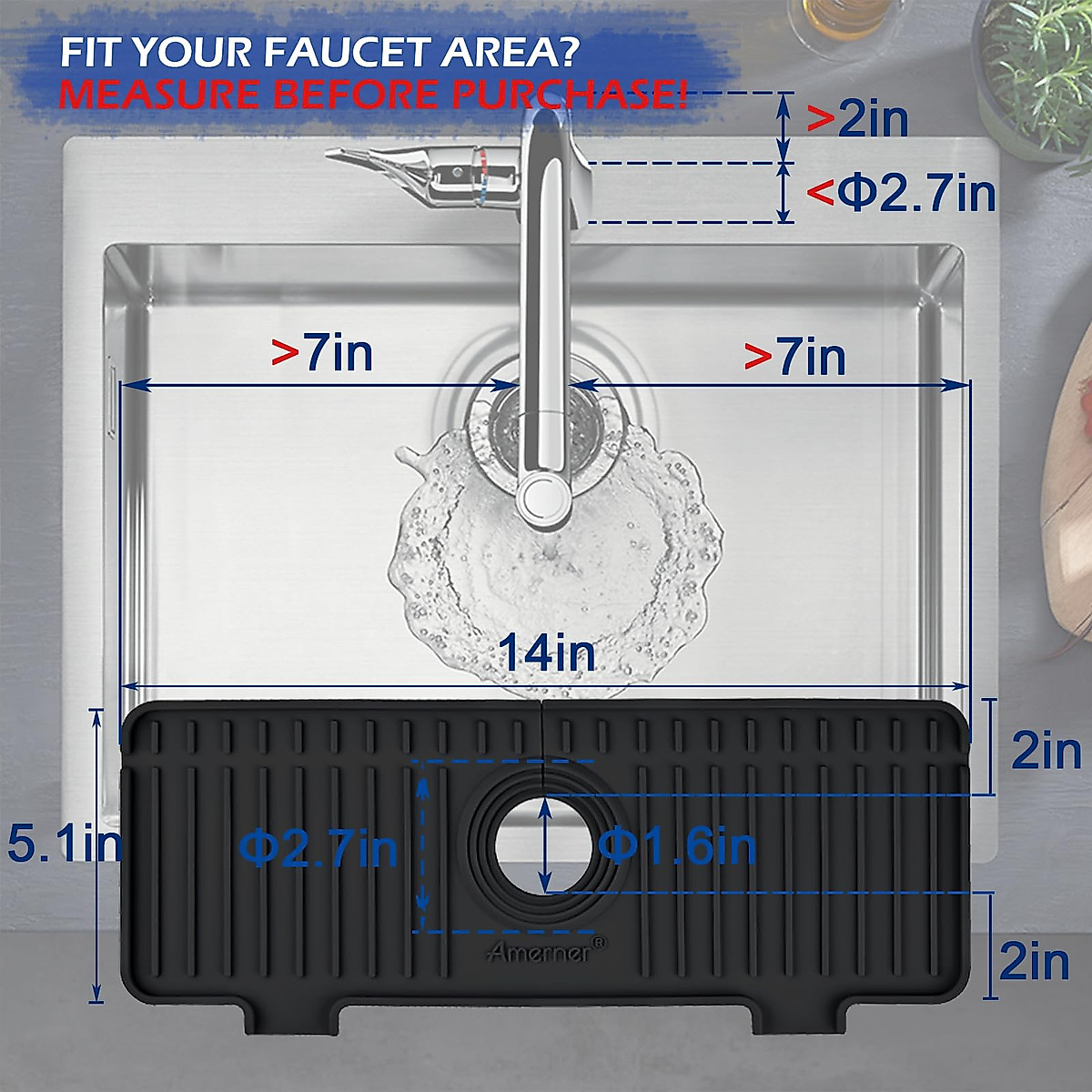 Amerner Kitchen Sink Splash Guard, 10° Large Slope & Adaptable Hole Faucet Mat for Kitchen Sink, Silicone Sink Organizer Sponge Holder for Kitchen, Bathroom, RV, Bar, 14.2” x 5.1”, Black