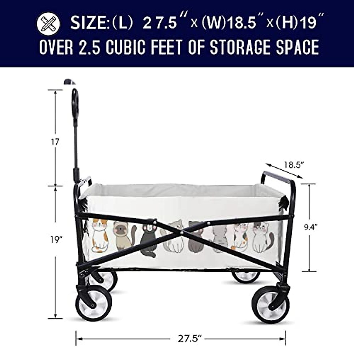 Collapsible Wagon Cart Draw Banner Cute cat on White forgreeting cardpostercoverprintbanner Foldable Utility Wagon Large Capacity Garden Cart with Push Bar for Beach Camp Outdoor Shopping