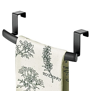 mDesign Steel Over Door Curved Towel Bar Storage, Hanger for Cabinet or Cupboard, Holder Rack for Kitchen, Bathroom - Holds Hand/Dish Towels, Washcloths - Spira Collection - Black