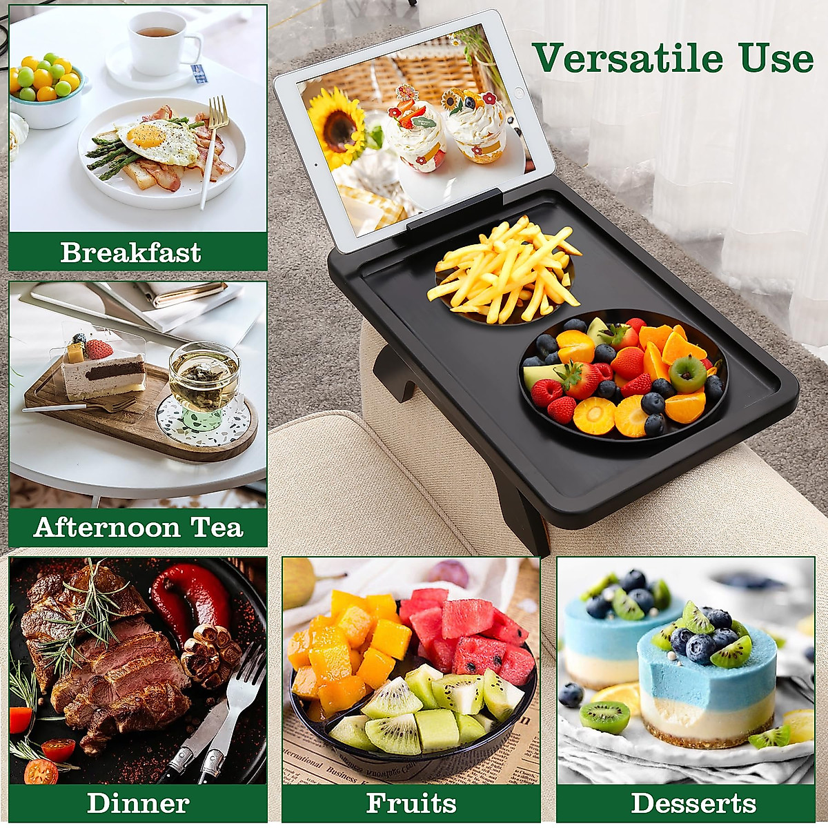 BAMBOOTRAY Couch Arm Table,Sofa Clip on Tray for Armrest Tray with Phone Holder,Couch Table for Living Room Bedroom (Large Black, 15.3" D x 9.8" W x 1.7" H)