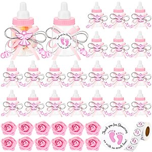 Vesici 61 Pcs Baby Shower Party Favors Set, 48 Mini Angel Milk Bottles 1 Roll Thanks Sticker 12 Artificial Roses for Newborn Baptism Party(Pink)