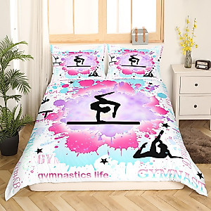 Gymnastics Bedding Set Gymnastics Lovers Girls Bedding Duvet Cover Set Gymnast Silhouettes Comforter Cover Set Pink Blue Tie Dye Bedspread Cover Bedroom Quilt Cover 2Pcs Twin