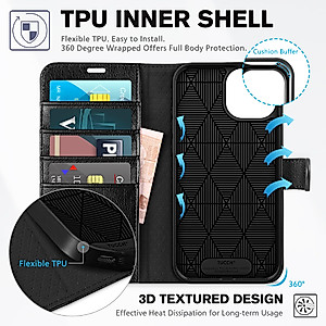 TUCCH Case for iPhone 15 Wallet Case, Kickstand [RFID Blocking] 4 Card Slots Protective TPU Interior Case, PU Leather Magnetic Shockproof Flip Cover Compatible with iPhone 15 6.1" 2023, Textured Black