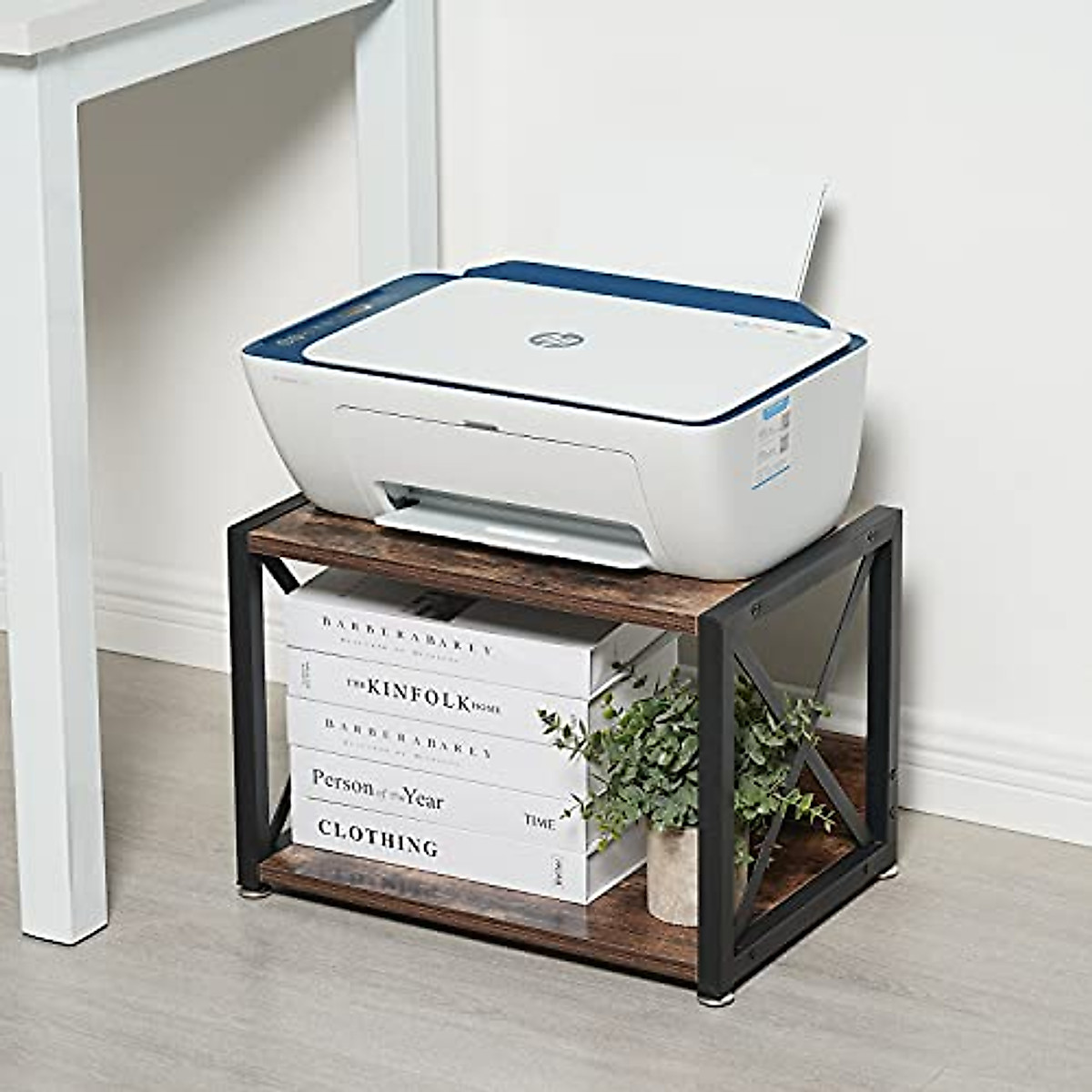 Giikin Desktop Printer Stand with 2 Tier Wood Storage Shelves, Multi-Purpose Desk Organizer for Fax Machine, Scanner, Files, Books, Rustic Brown Printer Shelf with Adjustable Anti-Skid Feet (Brown)