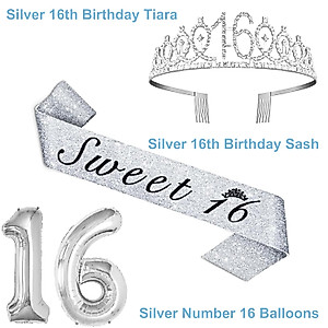 Silver Sweet 16 Birthday Decorations for Girls with 16th Birthday Sash and Tiara, Sweet 16 Cake Topper and Candles, 16 Birthday Balloons, Happy 16th Birthday Gifts for Sweet 16 Birthday Party