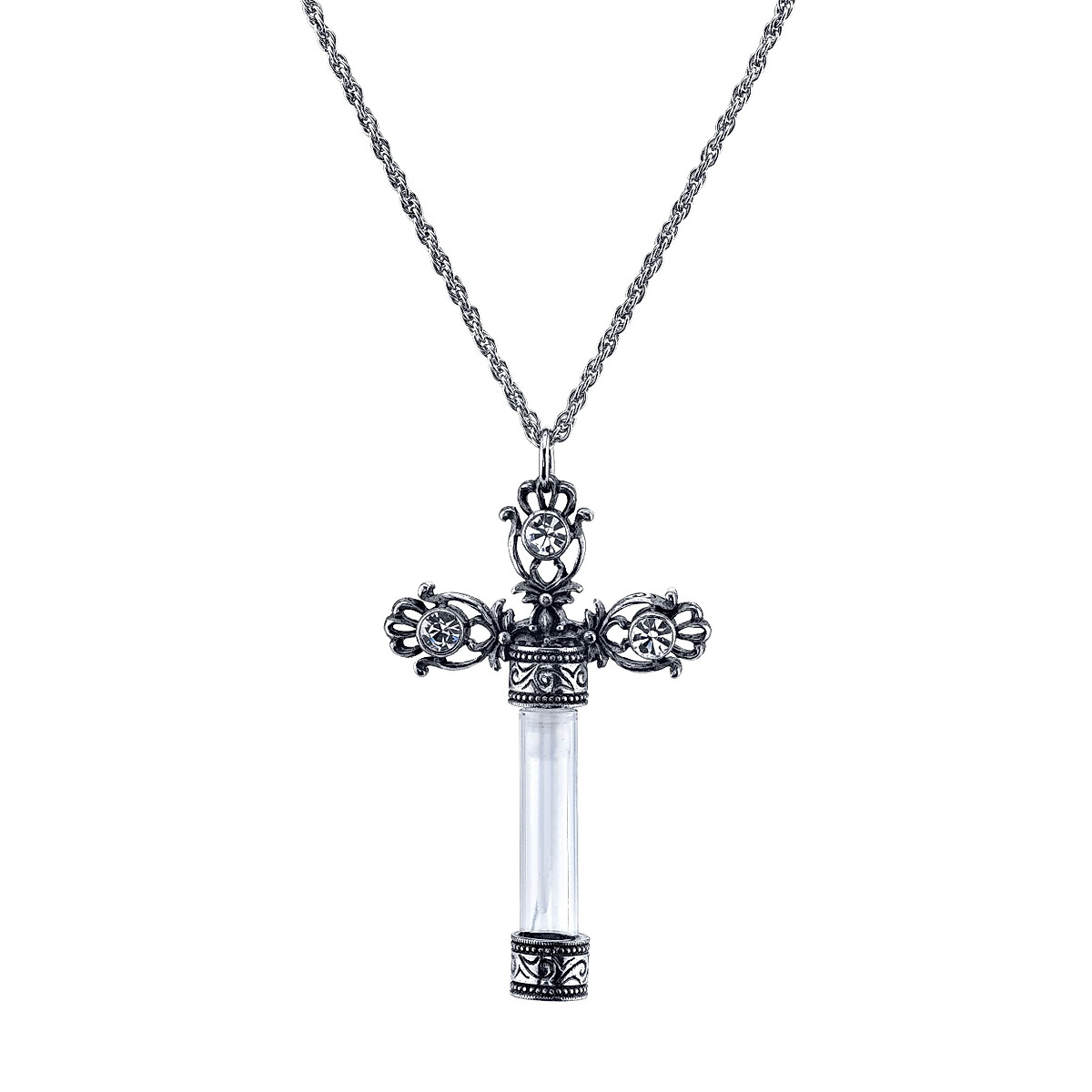 1928 Jewelry Antiqued Pewter Crystal Cross Vial Pendant Necklace For Women 30 Inches
