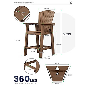 KINGYES Embossed Balcony Chair, Tall Adirondack Chair Set of 2 Outdoor Adirondack Barstools with Connecting Tray, High Airondack Chair with Wood Grain, Brown