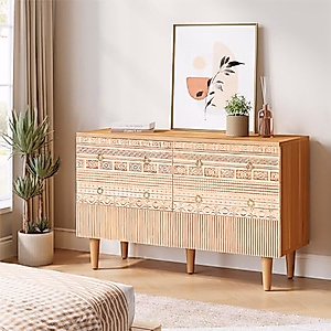 Tribesigns 6-Drawer Dresser, 47-Inch Boho Accent Dresser with 6 Carved Drawers, Double Wide Chest of Drawers, Wooden Dresser Cabinet with Metal Ring Pulls & Legs for Living Room, Bedroom, Oak