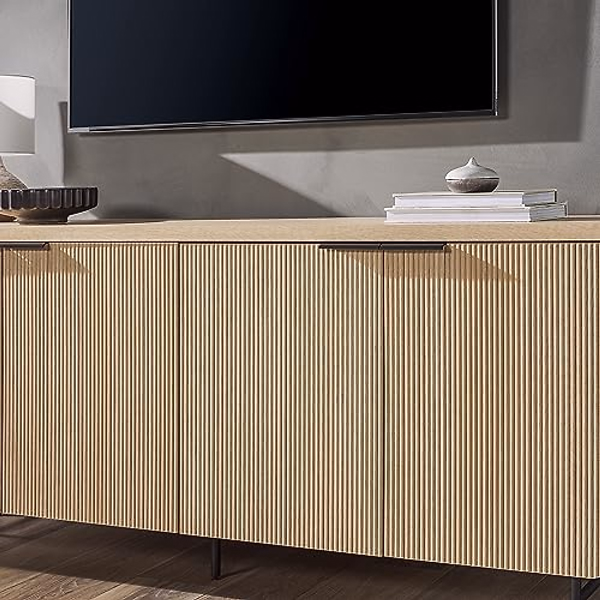 Walker Edison Modern Scandinavian Fluted Door Kitchen Storage Sideboard Buffet Cabinet Console, 69 Inch, Coastal Oak/Black