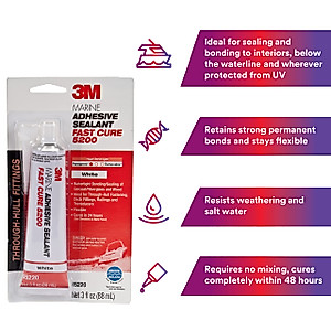 3M Marine Adhesive Sealant Fast Cure 5200 (05220) Permanent Bonding and Sealing for Boats and RVs Above and Below the Waterline Waterproof Repair, White, 3 fl oz Tube