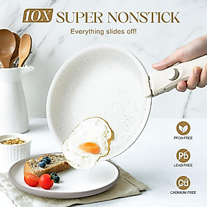 MICHELANGELO Nonstick Frying Pan Set Removable Handle, 8" 9.5" and 11" Frying Pans, Skillets with Detachable Handle, Granite Coating Egg Pan, Non Toxic Pans for Cooking, PFOA Free, Oven Safe, White