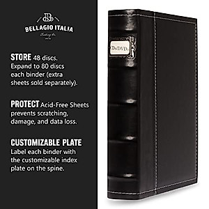 Bellagio-Italia CD/DVD Storage Binder - Black - Leather - 48-Disc Capacity - Storage Organizer for DVDs, CDs, Blu Rays, & Video Games - Acid-Free Binder Organizer Sheets - 1 Pack