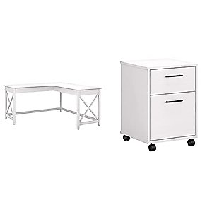 Bush Furniture Key West Modern Farmhouse Writing Desk for Home Office, 60W, Pure White Oak & Key West 2 Drawer Mobile File Cabinet, Pure White Oak