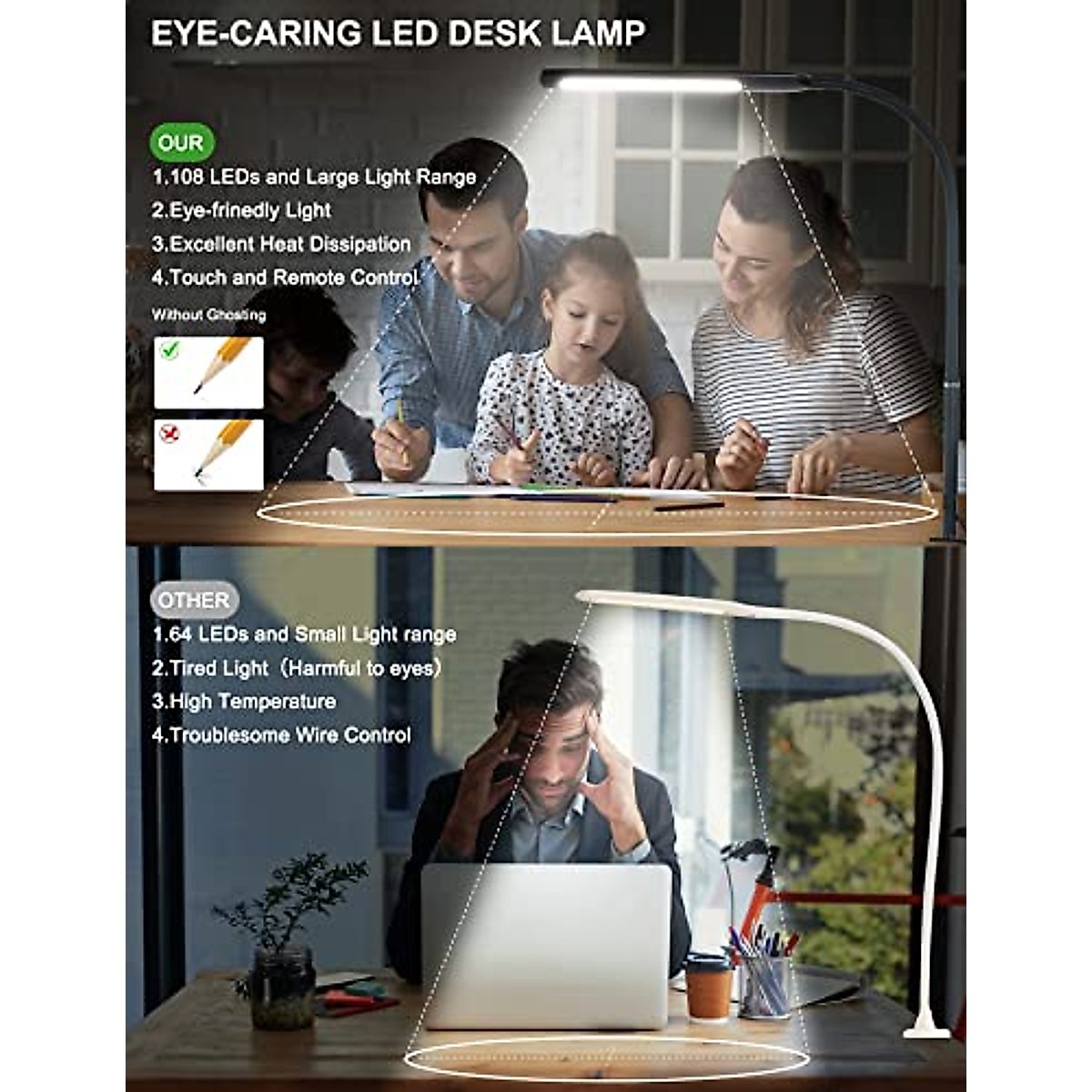 LiFMIRA LED Desk Lamp with Clamp 30min Timer 30 Lighting Modes Eye Caring 108 LEDs Architect Task Lamp Long Flexible Gooseneck Clamp Lamps for Home Office Dorm with 12W Adapter & 87.8in Cord