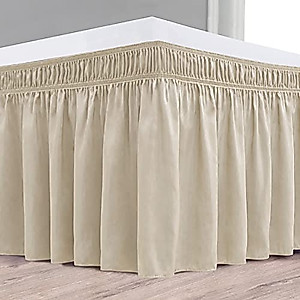 Biscaynebay Wrap Around Bed Skirts for Queen Beds 15" Drop, Light Camel Elastic Dust Ruffles with Adjustable Belts Silky Luxrious Fabric Machine Washable