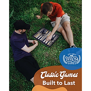 WE Games Backgammon Set, Board Games for Adults - Travel Games - Magnetic with Navy Blue Leatherette Backgammon Board and Carrying Strap - Travel Backgammon Sets for Adults