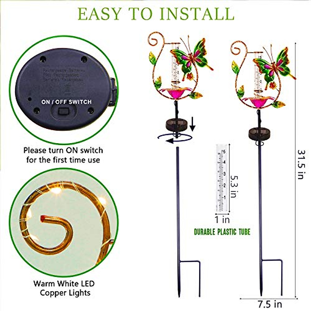 Juegoal 31.5 Inch Rain Gauge, Solar Powered Lighted Butterfly Garden Stakes Decor with 16 LED Warm White Copper Lights, Metal Yard Art Outdoor Lawn Pathway Patio Decorations