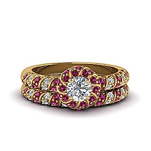 CustomizedGifts Twisted Rope Set yellow gold plated Created Pink Sapphire Round shape Pink color Wedding Ring Sets pave Setting in Size 10 Lightweight Office Wear Everyday Gift Jewelry