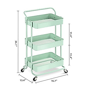 TOOLF 3 Tier Metal Rolling Cart, Utility Cart with Handle, Multifunction Storage Cart with Lockable Wheels, Serving Organizer Trolley with Mesh Basket for Kitchen, Bathroom, Office