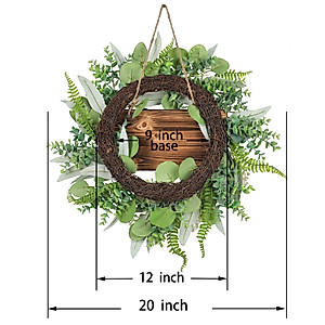 20 Inch Green Eucalyptus Wreath for Front Door- Handicraft Bamboo Frame with Versatile Silk Leaves - Ideal Spring & Summer Decorating for Indoor & Outdoor Use (White)