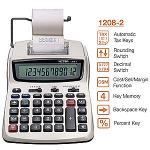 Victor Printing Calculator, 1208-2 Compact and Reliable Adding Machine with 12 Digit LCD Display, Battery or AC Powered, Includes Adapter,White