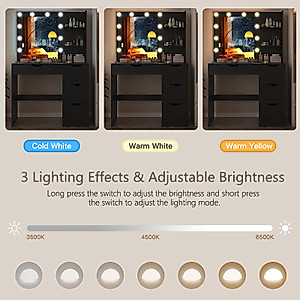 usikey Makeup Vanity Desk with Mirror and 10 LED Lights, Makeup Vanity Table with 4 Drawers, Vanity Desk Dressing Table with 2 Storage Shelves, 3 Color Modes Adjustable Brightness for Bedroom,Black