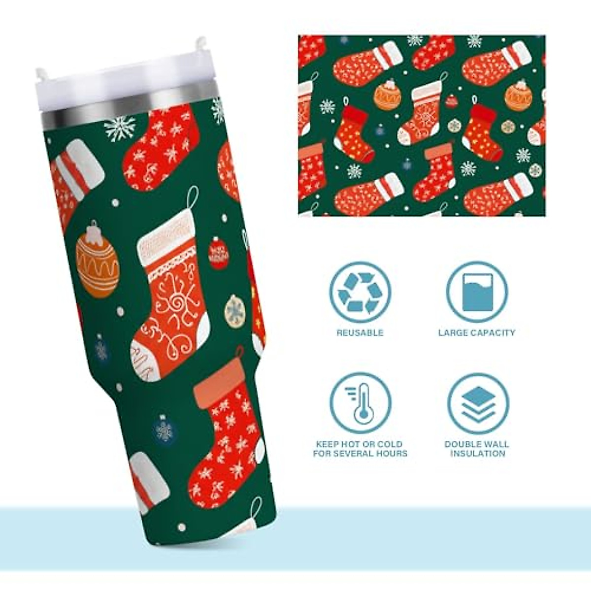 ODAWA Large Colorful Christmas Stockings Stainless Steel Tumblers with Handle and Straw