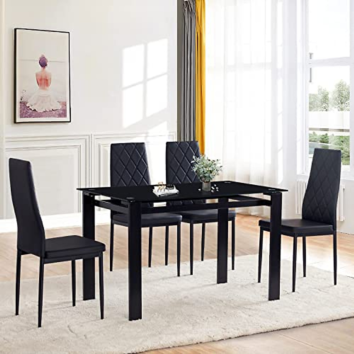 Recaceik 5 Pieces Modern Dining Table Set for 4, Rectangle Glass Table and 4 PU Leather Kitchen Dining Room Chairs with Metal Frames, Dining Room Table and Chairs Set, Easy to Clean & Assemble