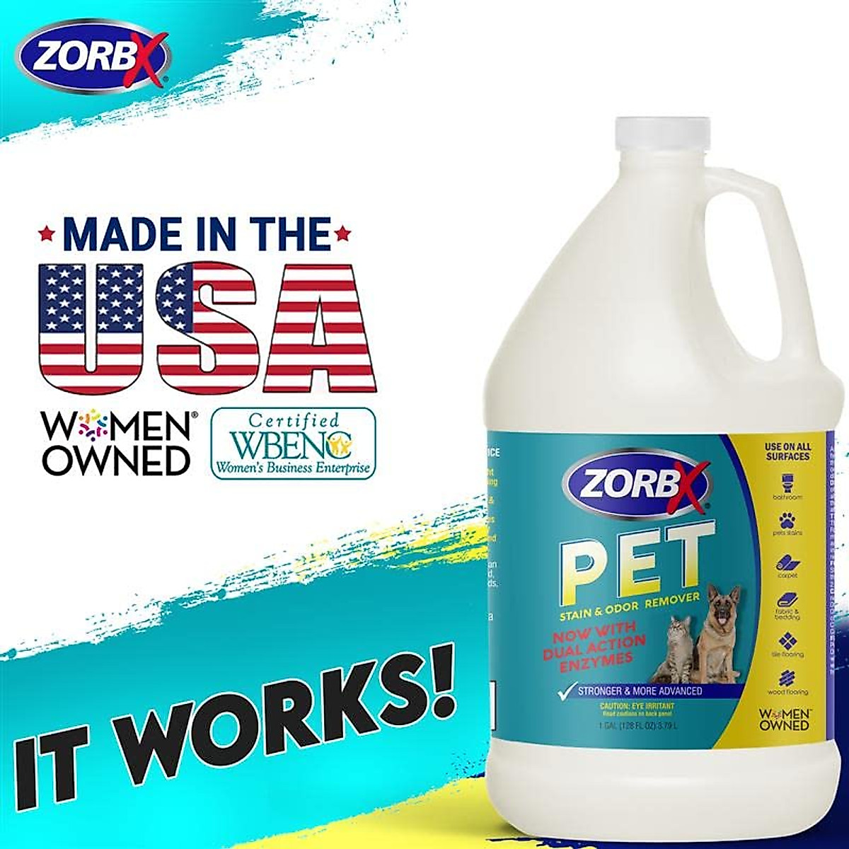 ZORBX Pet Stain and Odor Eliminator for Strong Odor - Dual Action Natural Enzymes Pet Odor Neutralizer & Stain Remover for Dog & Cat Urine | Carpet Cleaner Spray - 128 FL Oz (1 Gallon)