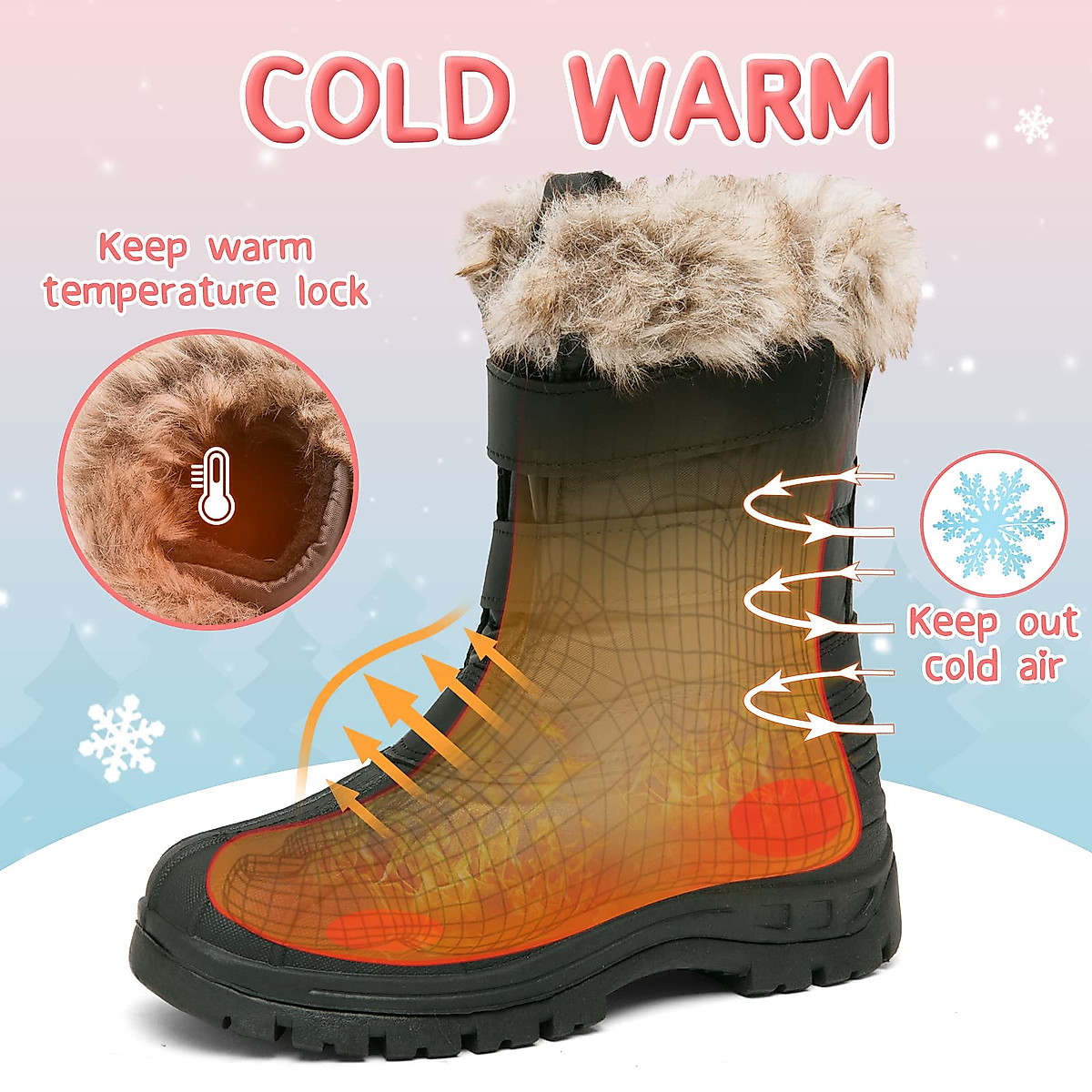 Kids Snow Boots Boys Girls Mid Calf Winter Boots Anti-Slip Outdoor Warm Boots With Fur Lined（/Little Kid/Big Kid）