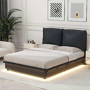Jintop Full Size Upholstered Platform Bed with Sensor Light and Ergonomic Design Backrests,Floating Style Bed Frame w/ 12 Slat Support,for Kid Teen Adult,Black