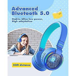 ZAMKOL Kids Bluetooth Headphones, Kids Wireless Headphones with MIC, 50H Play Time, Colorful LED Lights, 85/94db Volume Limited, Bluetooth 5.0, Foldable, Over Ear Headphones for School Travel iPad