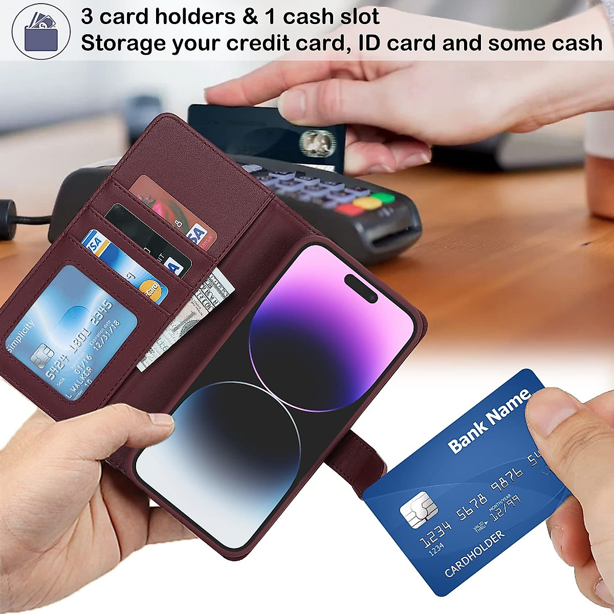 Ｈａｖａｙａ for iPhone 14 pro max Phone case Wallet for Women iPhone 14 pro max Wallet case Magsafe Compatible with Card Holder flip Folio Detachable Magnetic Leather Phone Cover-Wine Red