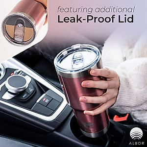 ALBOR Insulated Tumbler with Lid and Straw - 30 oz Insulated Coffee Mug with Handle, Travel Coffee Mug with 2 Lids, 2 Metal Straw, Brush and Storage Bag, Rose Gold