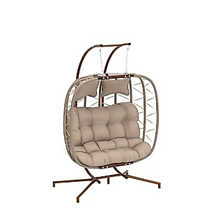 NICESOUL® Double Swing Egg Chair with Stand Large 2 Person Indoor Outdoor Wicker Patio Twins Basket Hanging Chair with Beige Cushions 510 Lbs Capaticy for Bedroom Balcony Oversized
