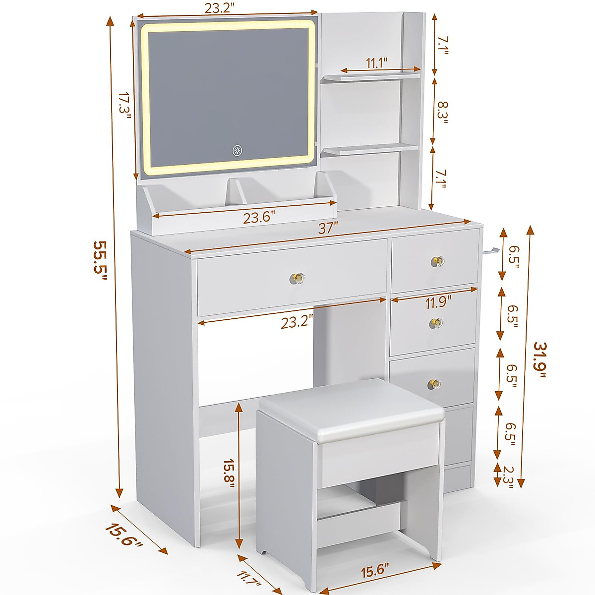 Zvivofla Vanity Desk with Mirror and Lights, Makeup Vanity Table Set with Charging Station & 5 Drawers, Bedroom Dressing Set with Chair for Girls Women, 3 Lighting Colors, White