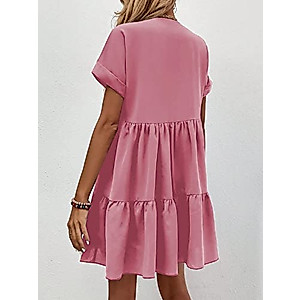 WDIRARA Women's Roll Up Short Sleeve V Neck Ruffle Hem Solid Swing Smock Dress Watermelon Pink M