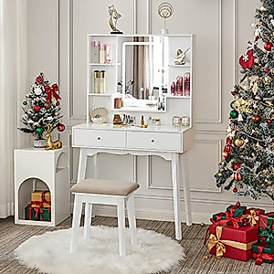 ANWBROAD Makeup Vanity Desk Vanity Table Set with LED Lighted Mirror Vanity Set with 3 Adjustable Lighting Colors 5 Storage Shelves 2 Big Drawers Dresser Cushioned Stool for Girls Women (White)