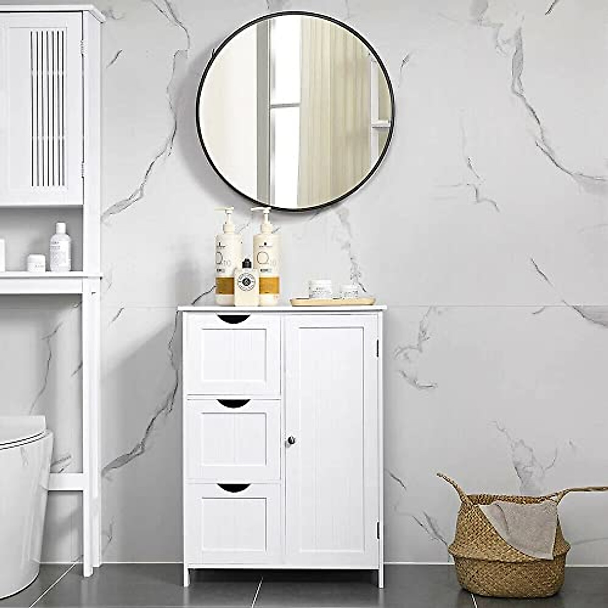 MAXCBD Nightstand Bedside Table Drawer Cabinet Bathroom Floor Storage Cabinet W/3 Drawers Door Adjustable Shelf White Cupboard Convenient and Large Space Adjustable Shelf Height Storage Tower Dresser