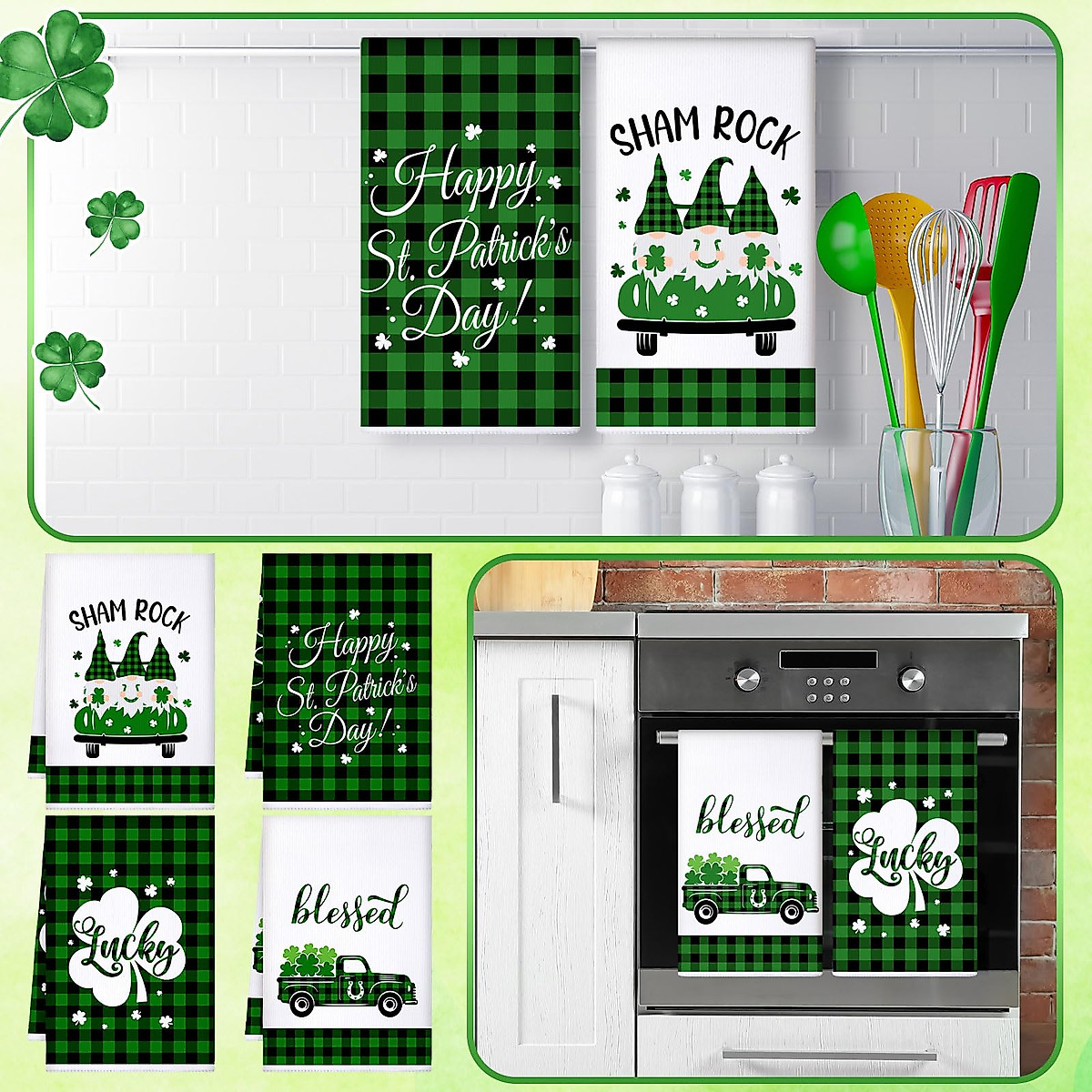 Honoson St Patrick's Day Dish Towel Kitchen Towel Absorbent Fast Drying Cloth Decorative Shamrock Gnomes Tea Towels Decorative Dishcloths for Kitchen Bathroom Home, 16 x 24 Inch(Shamrock)