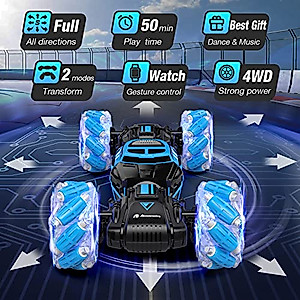 Powerextra RC Stunt Car Toys for 6-12 Year Old Kids - Big Size 4WD Remote Control Car - Gesture Sensor - Double Sided Rotating RC Car - Lights, Music - Perfect for Boys & Girls' Birthday
