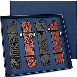 4 Pieces Wood Bookmark for Men Women Book Lovers, Handmade Natural Wooden Carving Book Mark Bookmarks Box Set, Ideal for Birthday Present, Teachers Appreciation (Traditional Style)