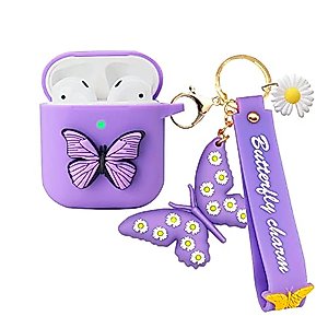 Compatible with Airpods 2nd & 1st Generation Case Cover Cute, Silicone Airpod Case with Keychain Butterfly, Kawaii Apple Airpod Cases Gen 2 1 for Women Girls, Protective Accessories, Purple
