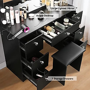 SMOOL Vanity with Lighted Mirror, Makeup Desk Power Outlet and LED Bulbs, 3 Color Lighting Modes Adjustable Brightness, 7 Drawers Table Cushioned Stool for Women Girls, 44'' L, 2-black
