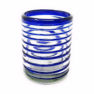 Hand Blown Mexican Drinking Glasses – Set of 6 Tumbler Glasses with Blue Spiral Design (10 oz each) …
