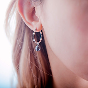 MOLAH 925 Silver Multi-use Hoop Sade Earrings 7-7.5mm Cultured Freshwater Drop White and Black Peacock Pearl 4-in-1 Rhodium Plated